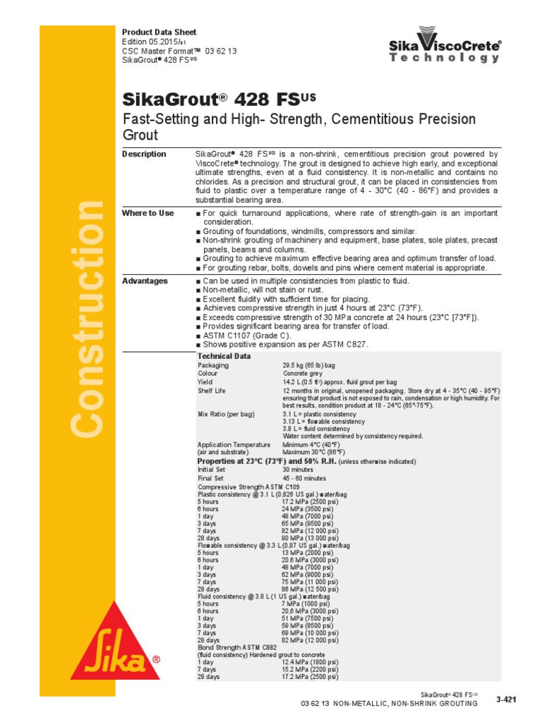 Sikagrout 428 FS: Fast-Setting and High-Strength, Cementitious ...