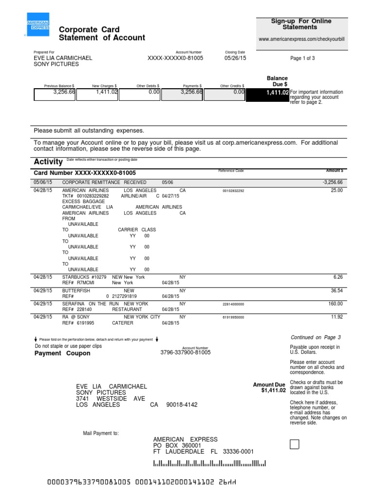 Brenn Ferguson Amex Statement May 2015 | Credit Card | Payments