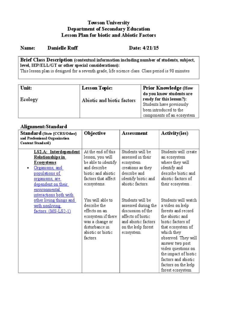 Biotic and Abiotic Factors Lesson Plan | Ecosystem | Lesson Plan