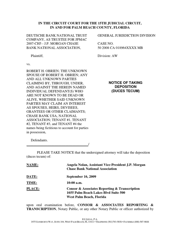 Notice of Deposition Duces Tecum | PDF | Deposition (Law) | Civil Law ...