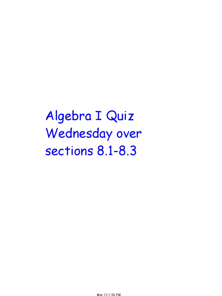 Algebra I Quiz: Sections 8.1-8.3 | PDF