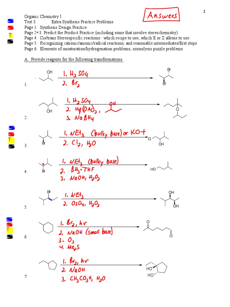 Organic Chemistry I Test 3: Extra Synthesis Practice Problems | PDF ...
