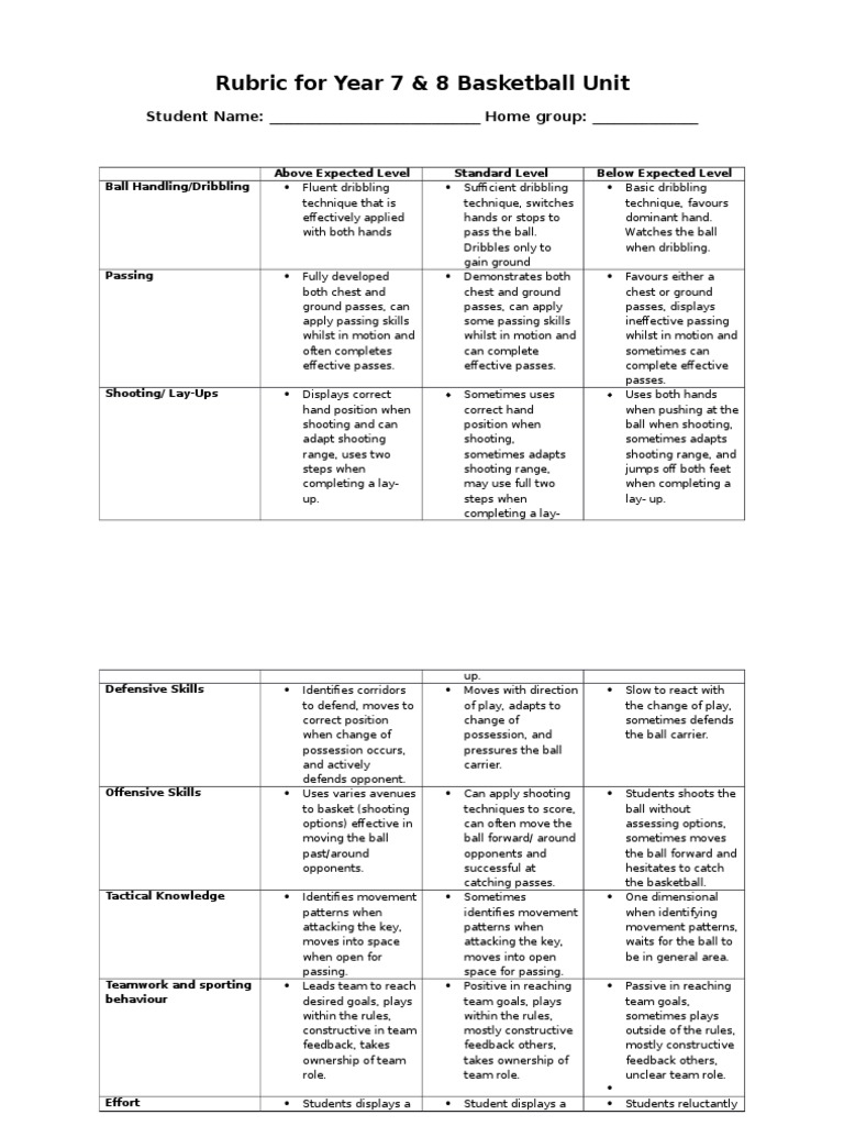 Basketball Skills Assessment Rubric | PDF | Leisure | Ball Games