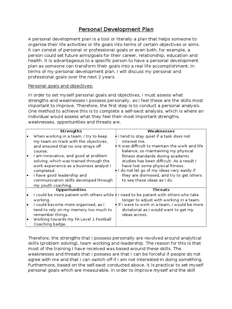 Personal Development Plan: Strengths Weaknesses | PDF | Goal | Personal ...