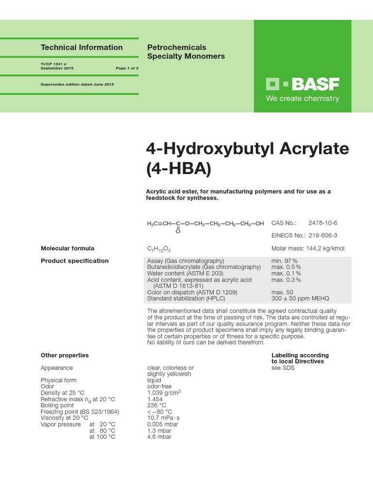 4-Hydroxybutyl Acrylate Specs | PDF | Copolymer | Ester