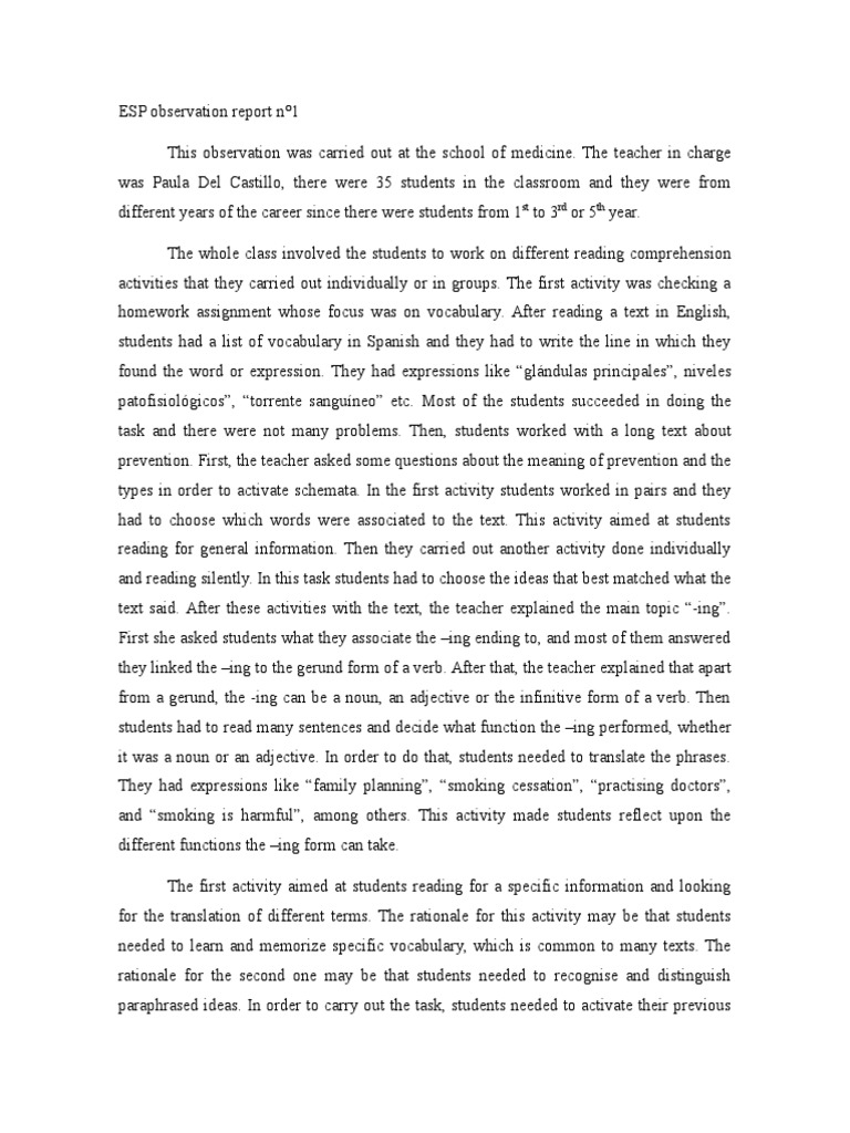 ESP - Observation Report N°1 | PDF | Reading Comprehension | Vocabulary
