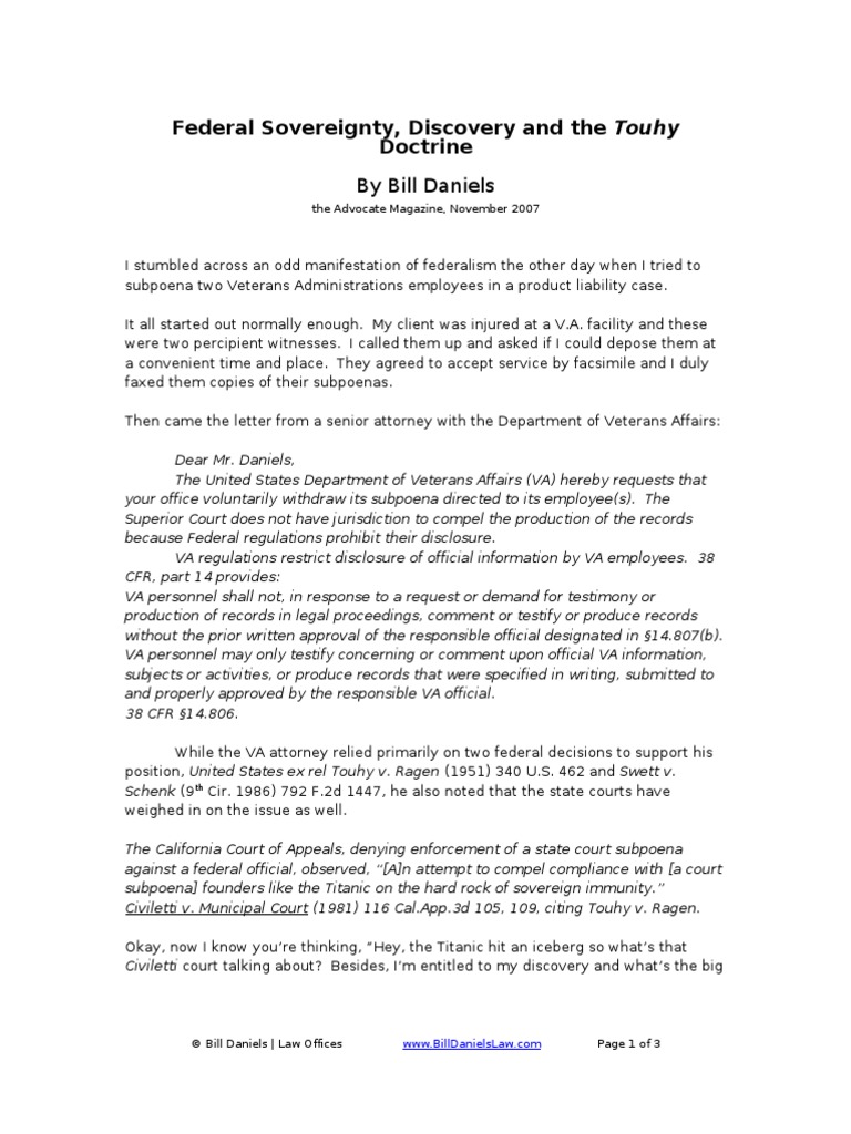 Federal Sovereignty, Discovery and the Touhy Doctrine | Discovery (Law ...