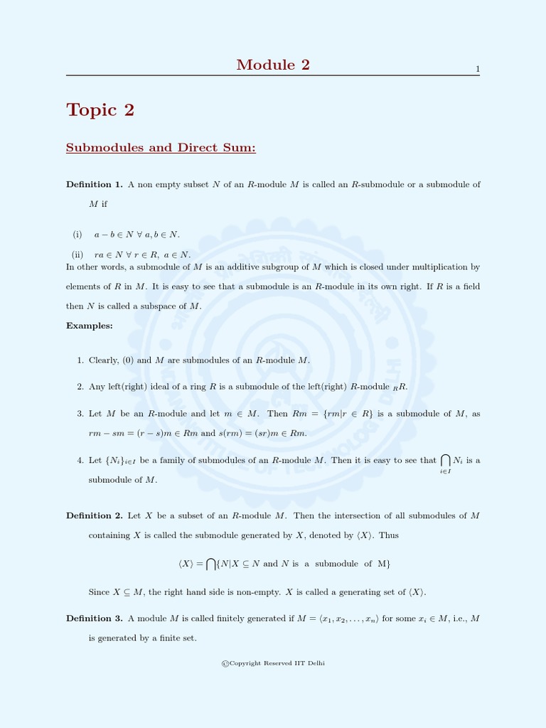 Topic 2: Submodules and Direct Sum | Download Free PDF | Module (Mathematics) | Category Theory