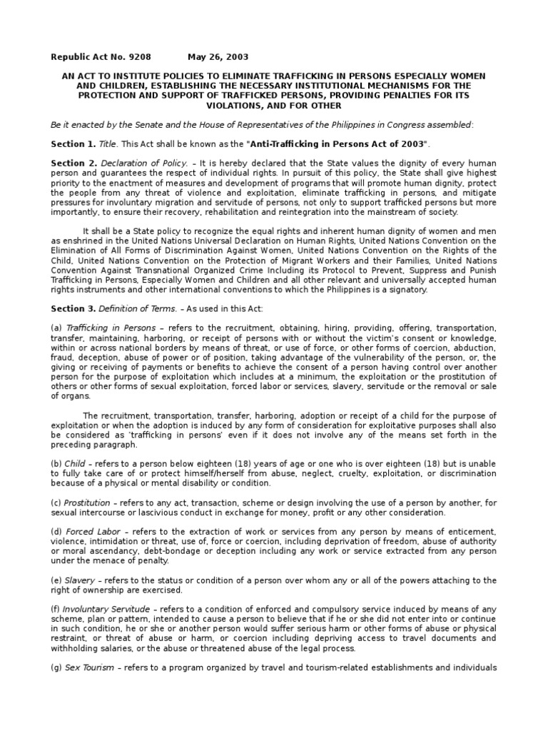 Anti-Trafficking in Persons Act of 2003 | Human Trafficking | Sexual ...