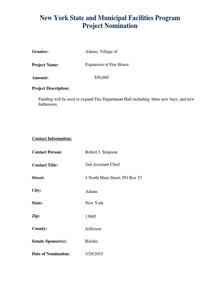 New York State and Municipal Facilities Program Project Nomination ...