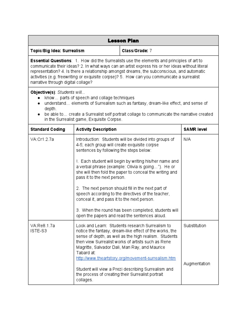 Surrealism Lesson Plan for 7th Grade | PDF | Surrealism | Collage