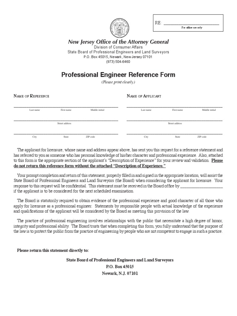 New Jersey PE Reference Form | PDF | Engineer | Licensure