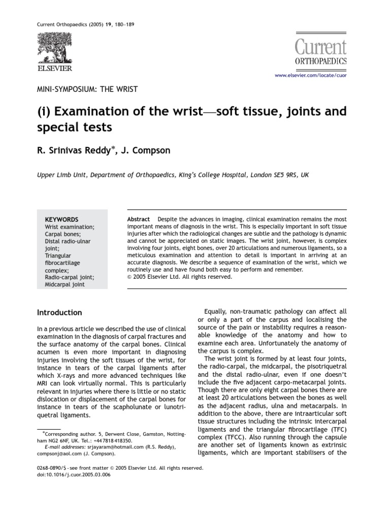 (I) Examination of The Wrist-Soft Tissue, Joints and | PDF | Anatomical ...