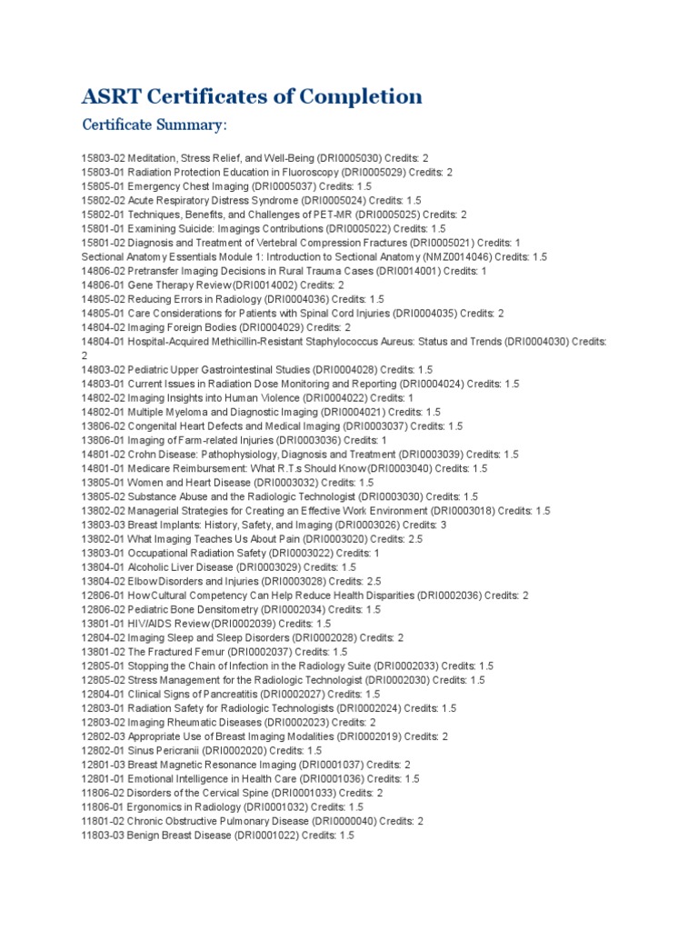 Asrt Certificates of Completion | PDF | Medical Imaging | Radiology