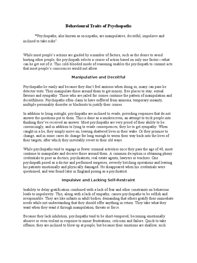 Behavioural Traits of Psychopaths | PDF | Psychopathy | Psychopathology