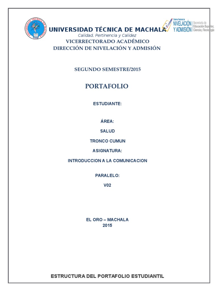 Carátula para Portafolio UTMACH | PDF | Comprensión lectora | Lectura (proceso)