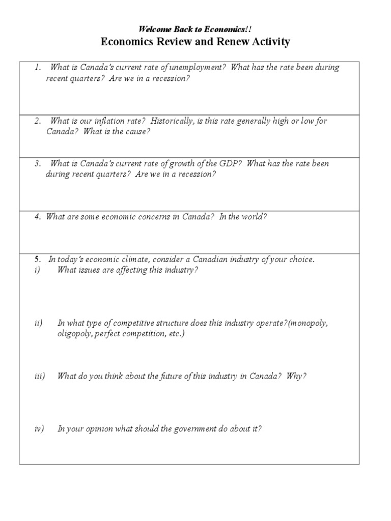 Economics Review and Renew Activity: Welcome Back To Economics!! | PDF
