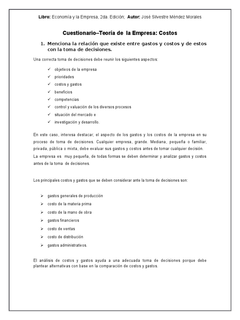 Cuestionario Teoria de La Empresa Costos | PDF | Costo | Capital (economía)