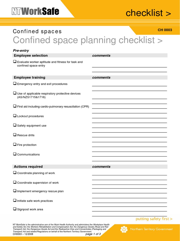 Confined Space Planning Checklist | Dangerous Goods | Personal ...