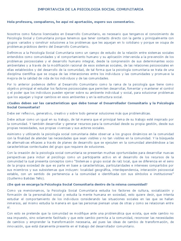 Importancia de La Psicologia Social Comunitaria | PDF | Comunidad ...