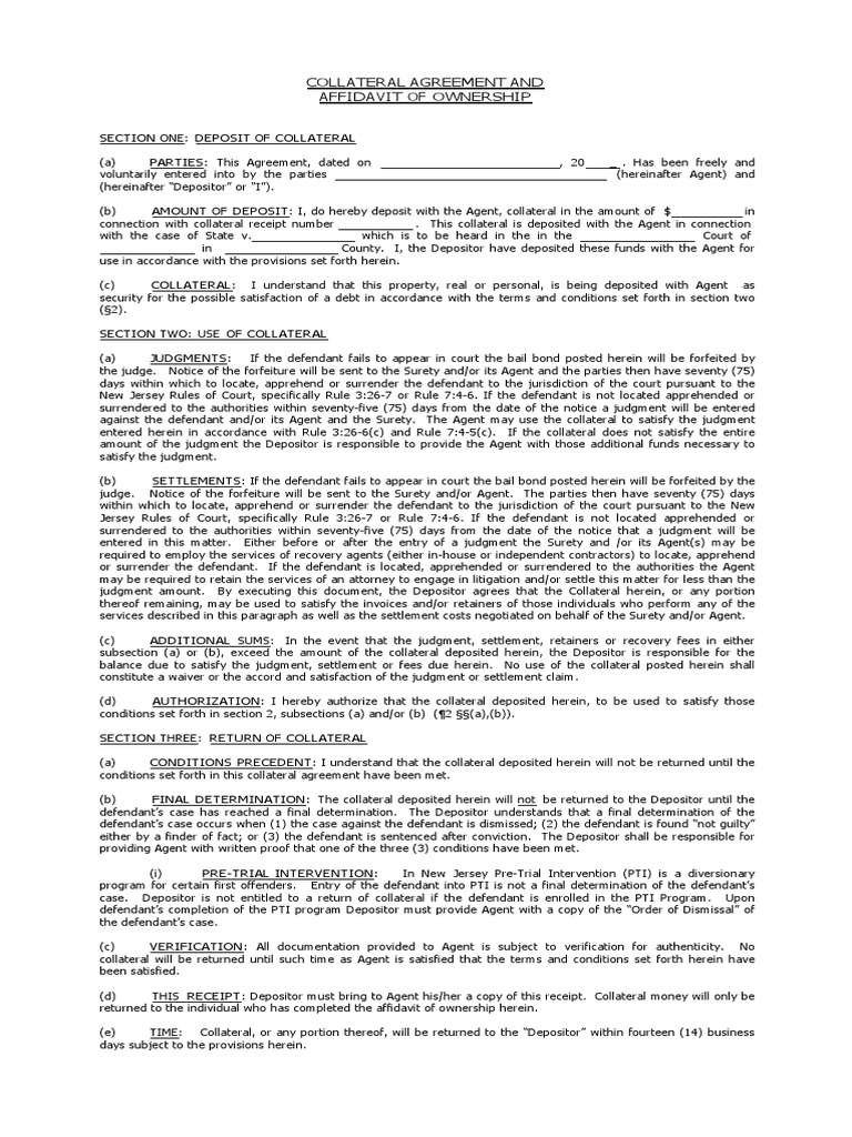 Collateral Agreement | PDF | Surety Bond | Bail
