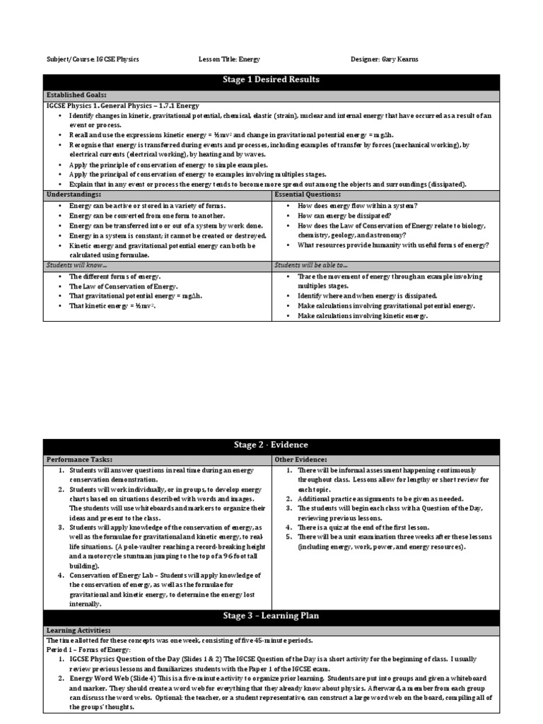 Energy Lesson Plan | PDF | Kinetic Energy | Mass