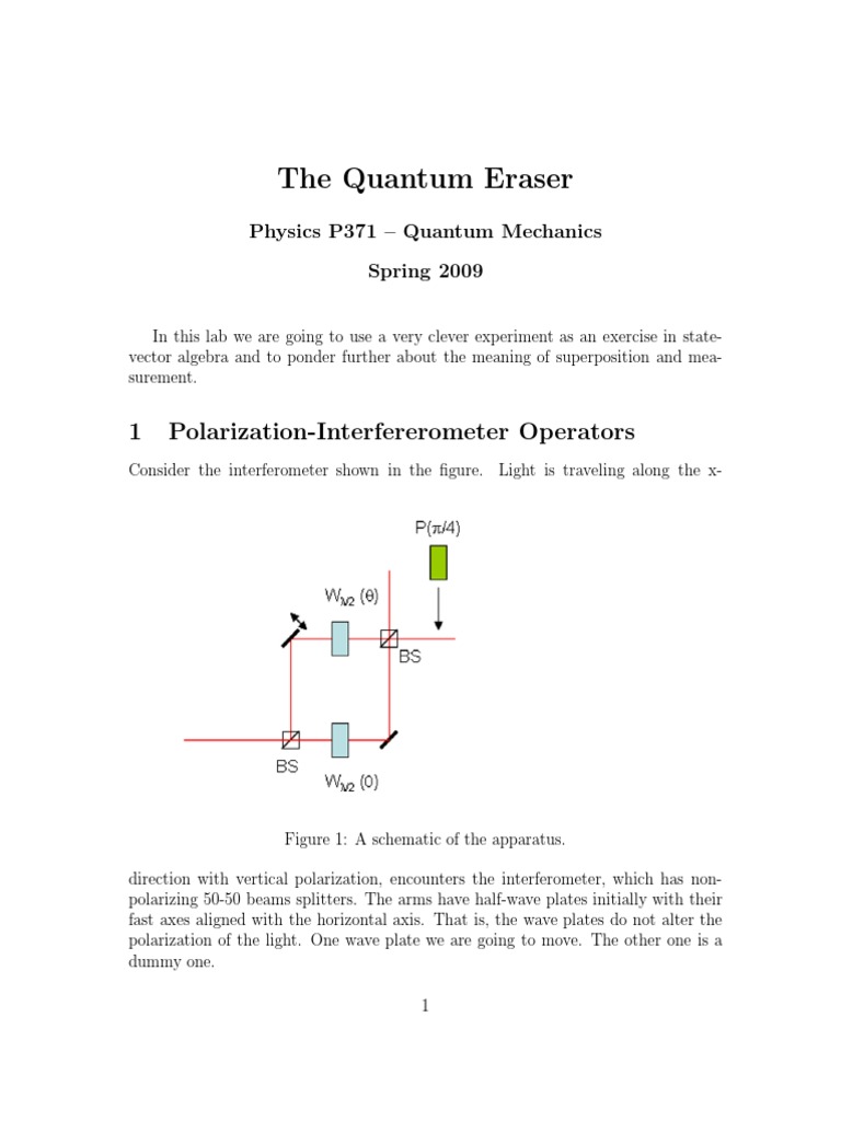 The Quantum Eraser: 1 Polarization-Interfererometer Operators | PDF ...
