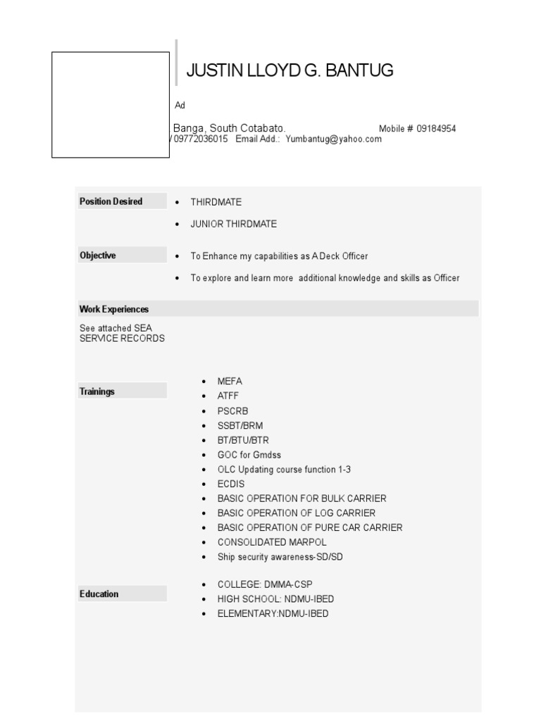 Third Mate Resume: Justin Lloyd Bantug | PDF | Business | Finance ...