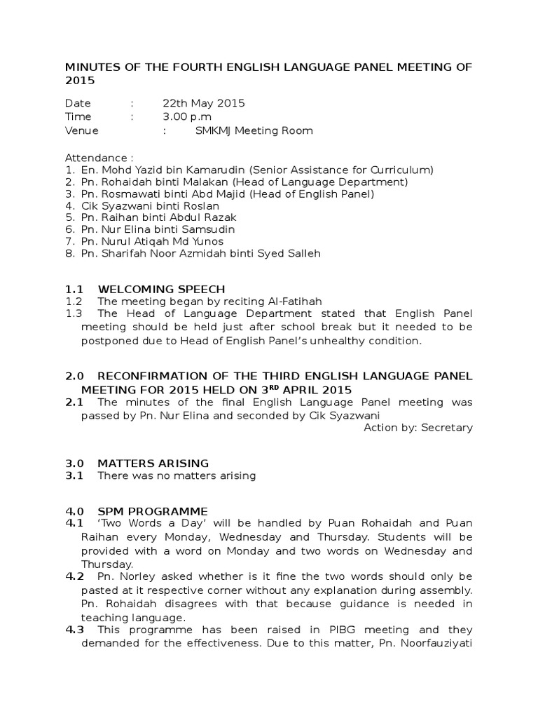 Minutes of the Fourth 2015 English Language Panel Meeting | Teaching ...
