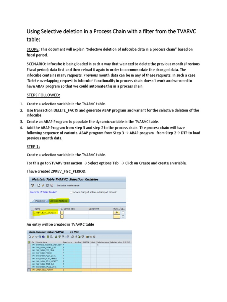 Selective Deletion In A Process Chain With A Filter From The Tvarvc Table Pdf Variable