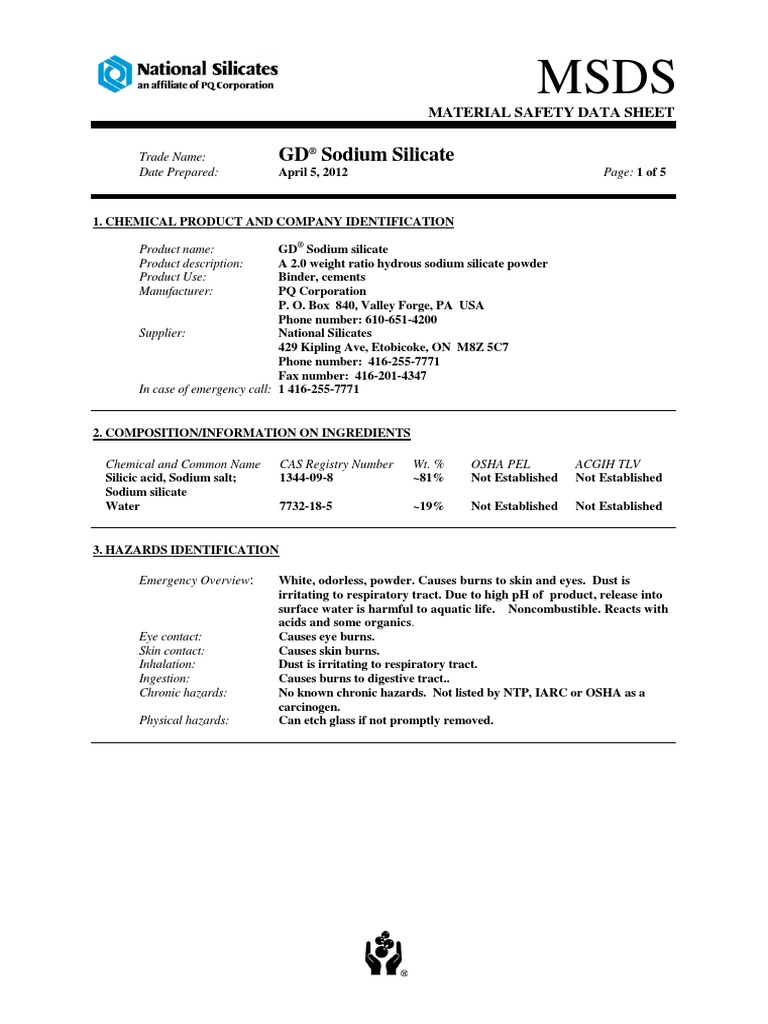 GD Sodium Silicate MSDS2012 | Personal Protective Equipment | Water