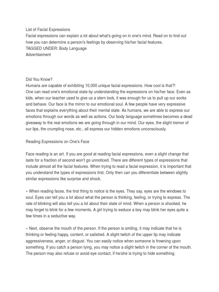 List of Facial Expressions | PDF | Frown | Body Language