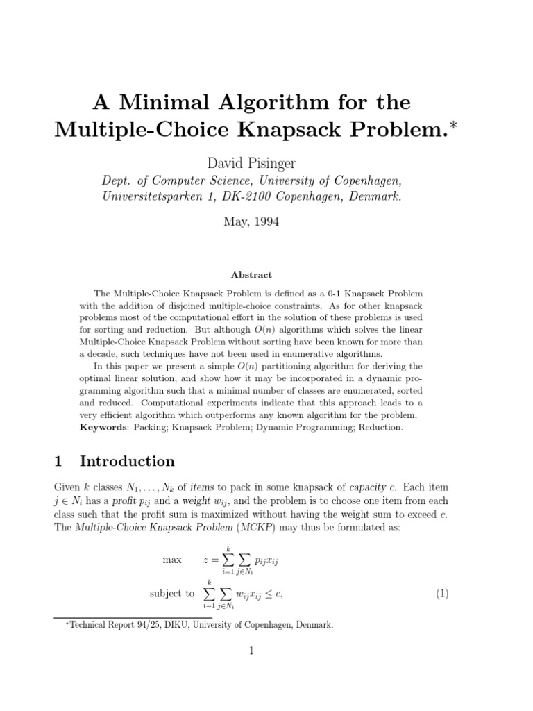 A Minimal Algorithm For The Multiple-Choice Knapsack Problem | PDF | Mathematical Optimization ...