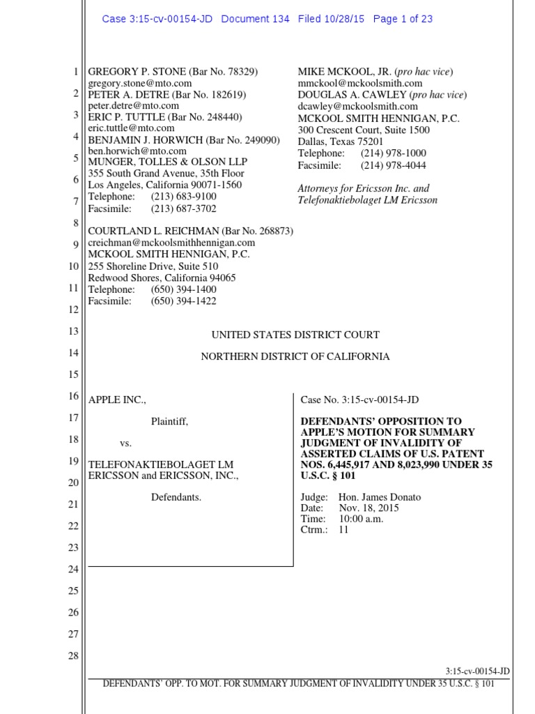 15-10-28 Ericsson Opposition To Apple Motion For Summary Judgment | PDF | Patent Claim | Summary ...