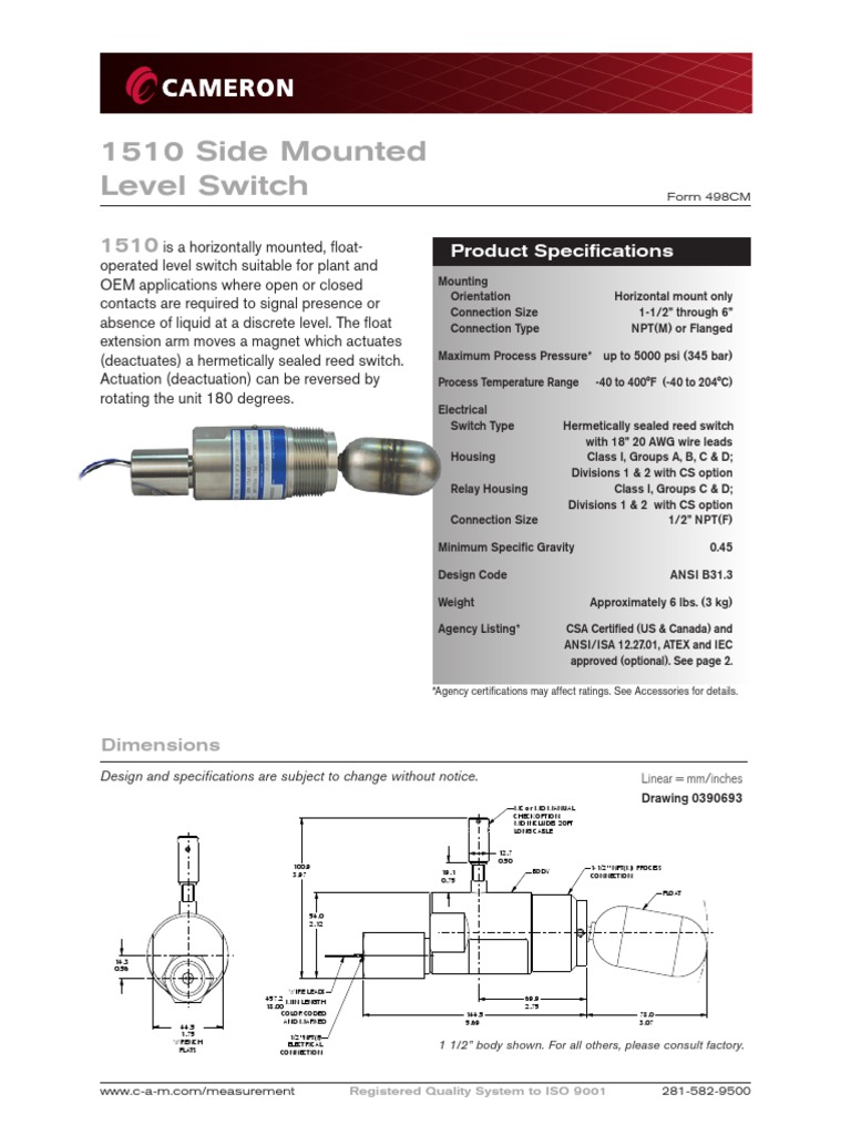 Cameron Model 1510 Side Mounted Level Switch Technical Data Sheet ...