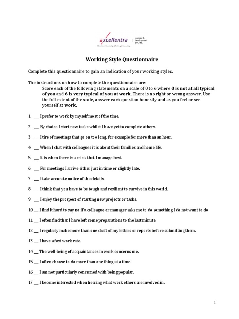 Working Style Questionnaire | PDF | Questionnaire | Psychological Concepts
