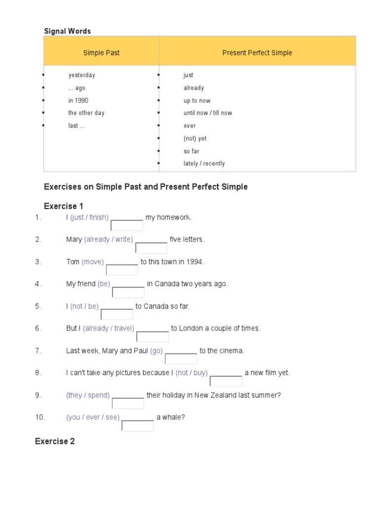 Signal Words: Exercises On Simple Past and Present Perfect Simple ...