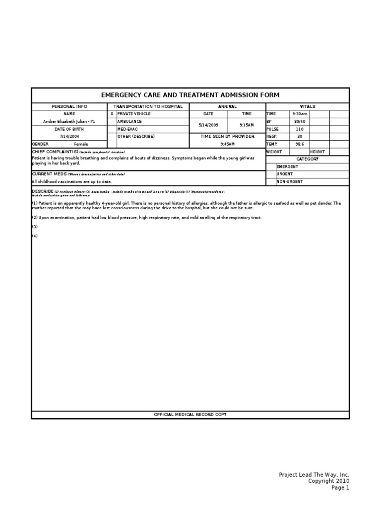 Emergency Care Forms | PDF | Patient | Medical Diagnosis