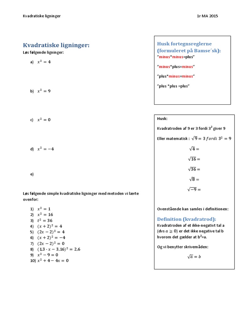 Kvadratrod Og Kvadratiske Ligninger | PDF