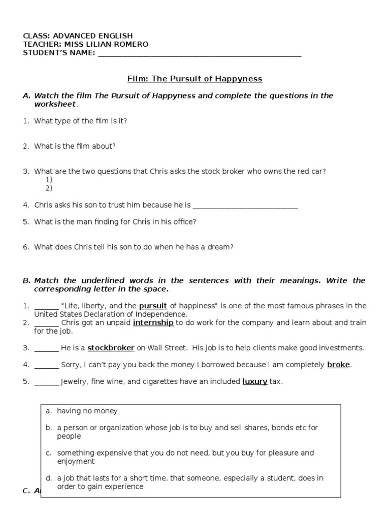 Pursuit of Happyness Worksheet | PDF | Life | Business