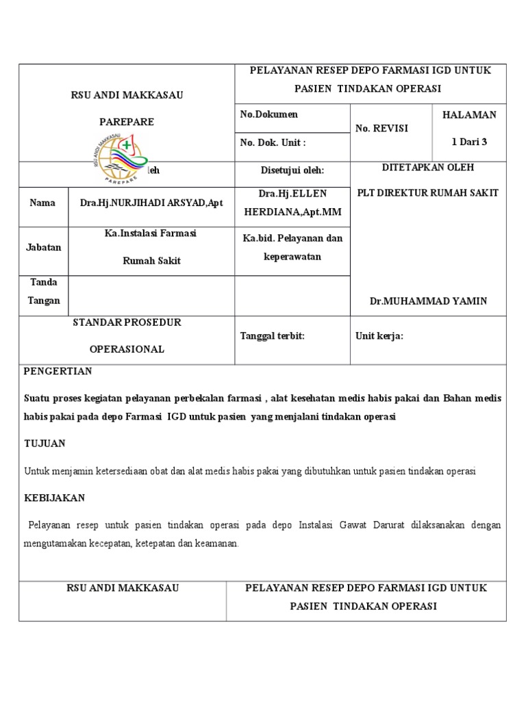 Sop Pelayanan Resep Depo Igd Untuk Pasien Tindakan Operasi | PDF