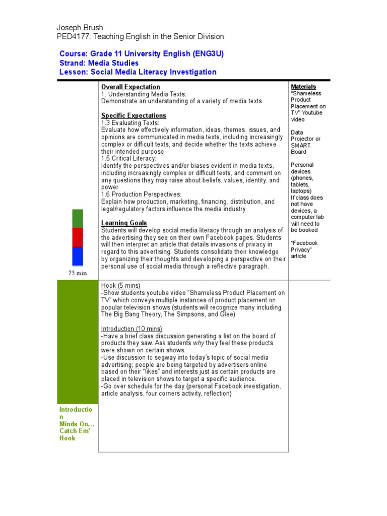 Grade 11 English Lesson Plan Social Media Literacy | PDF | Mass Media ...