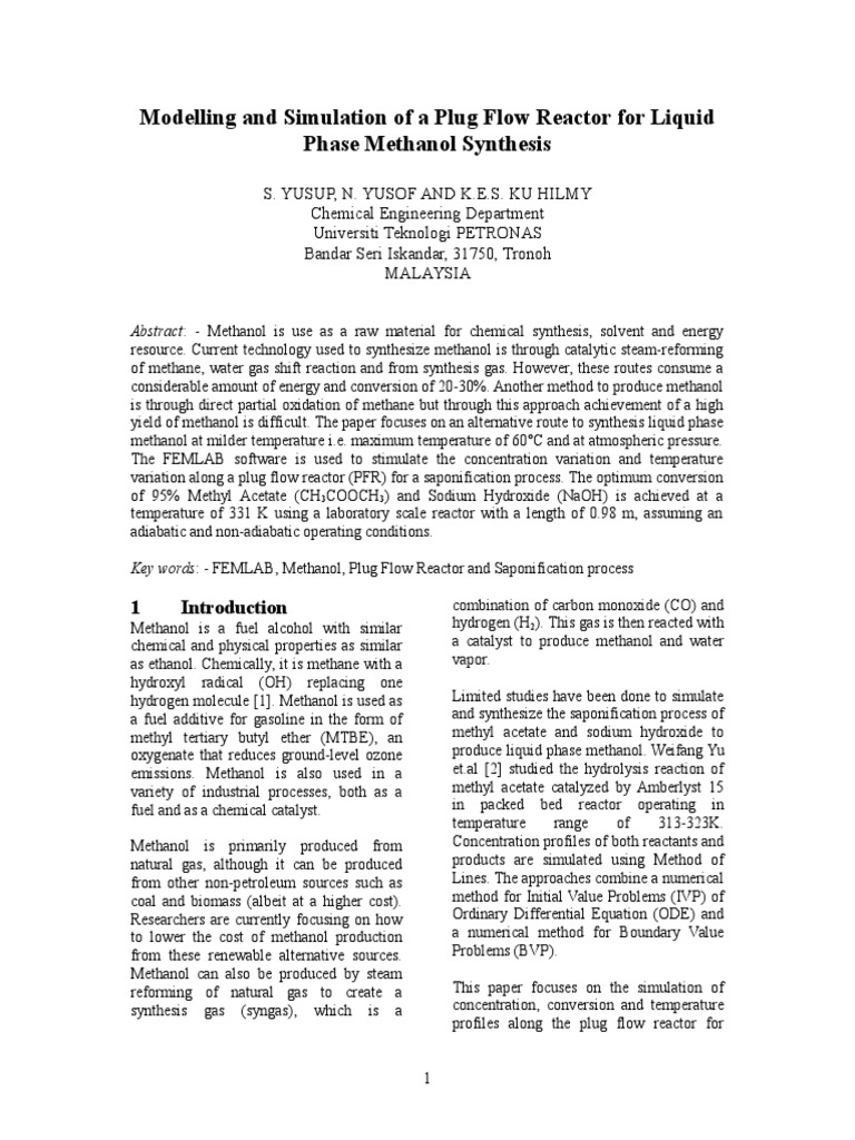 Plug Flow Reactor | PDF | Methanol | Chemical Reactor