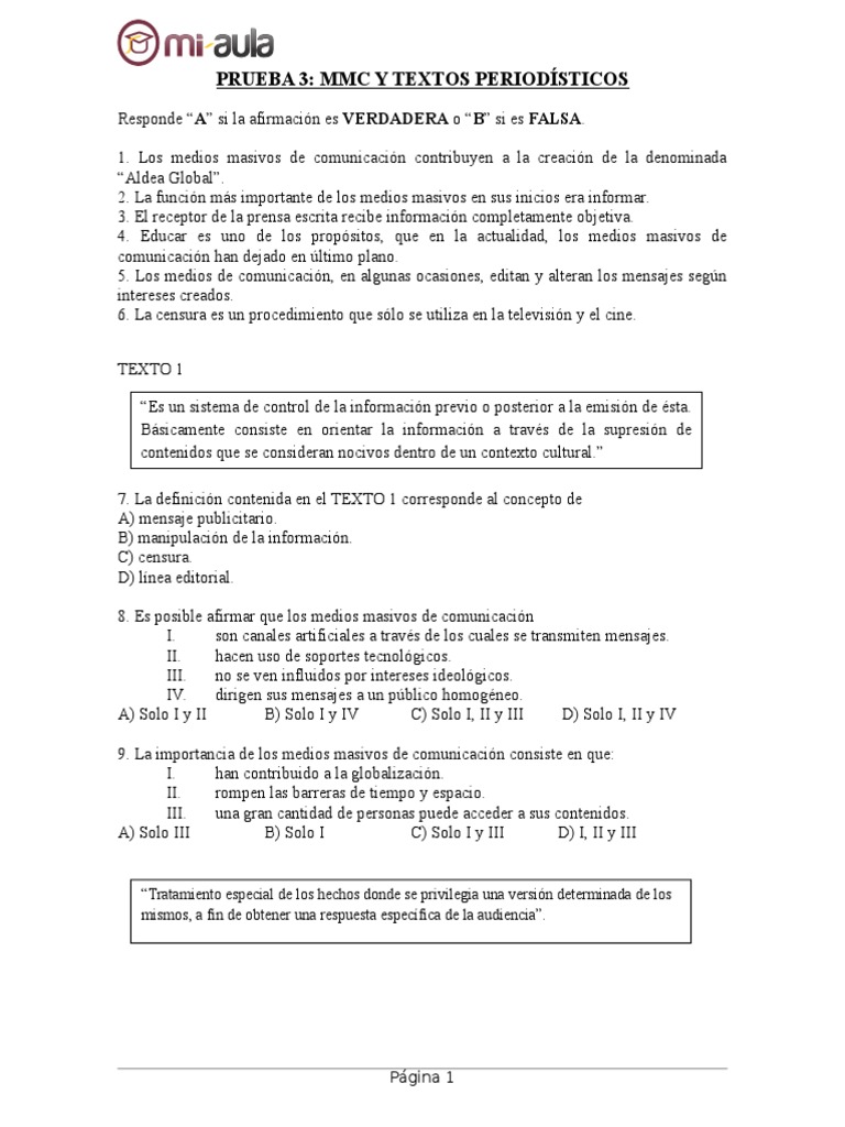 Prueba MMC 1° | PDF | Medios de comunicación en masa | Medios de ...