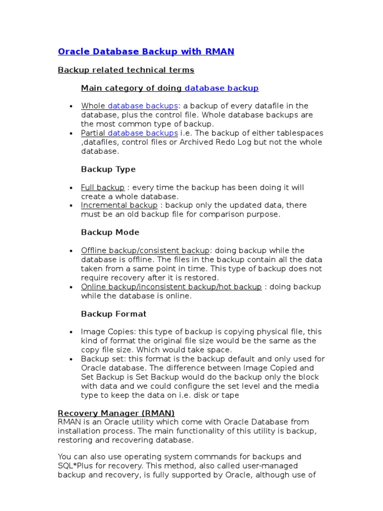 Oracle Database Backup With RMAN | PDF | Backup | Oracle Database