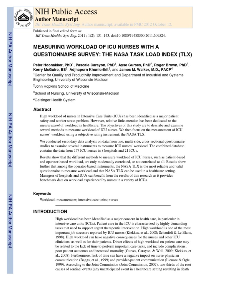 Measuring Workload of Icu Nurses With A Questionnaire Survey The Nasa Task Load Index (TLX ...