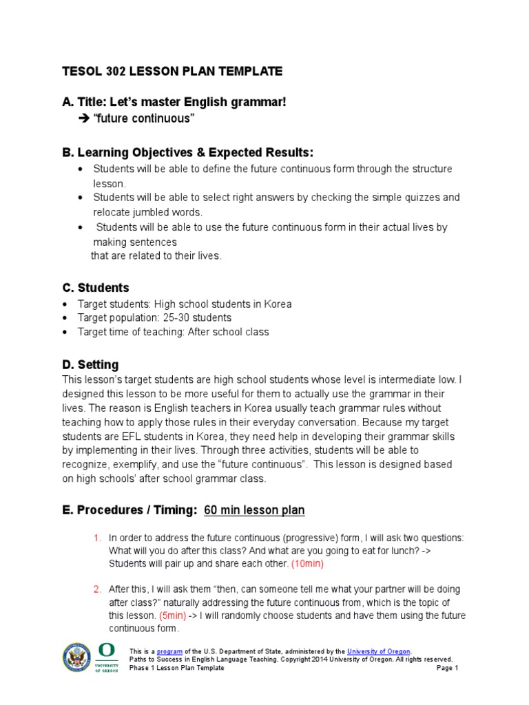tesol 302 lesson plan template | Lesson Plan | English As A Second Or ...
