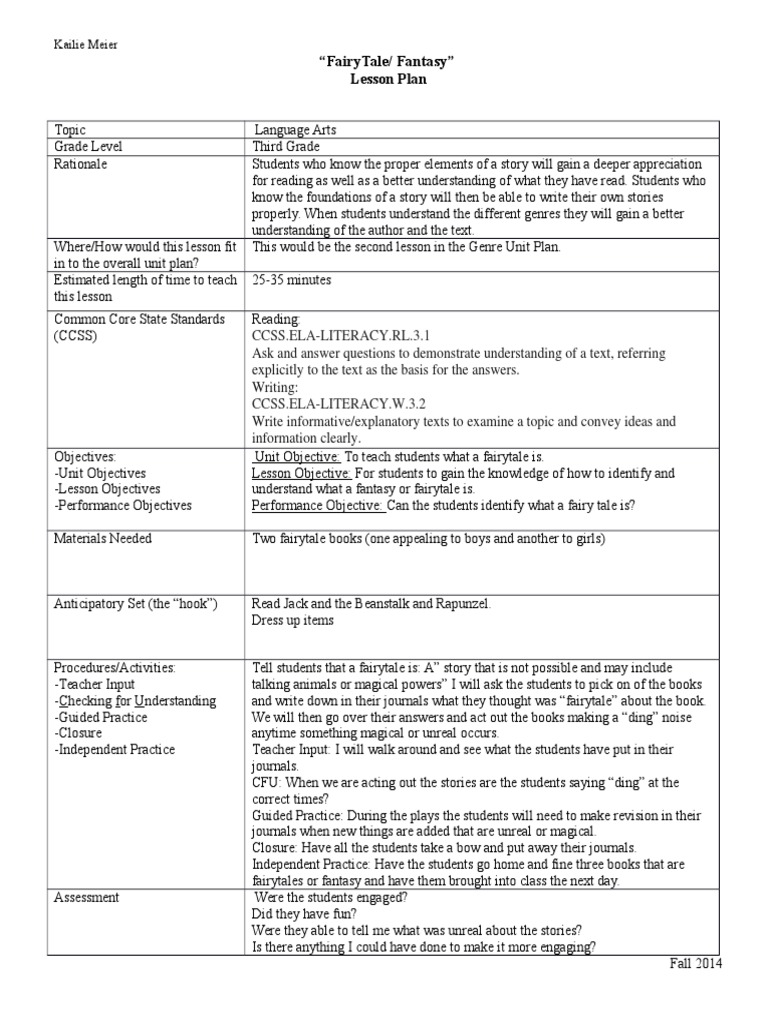 "Fairytale/ Fantasy" Lesson Plan: Language Arts | PDF | Fairy Tales ...