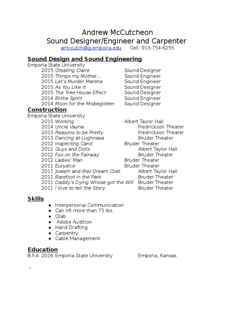 Andrew McCutcheon: Sound Designer & Engineer | PDF
