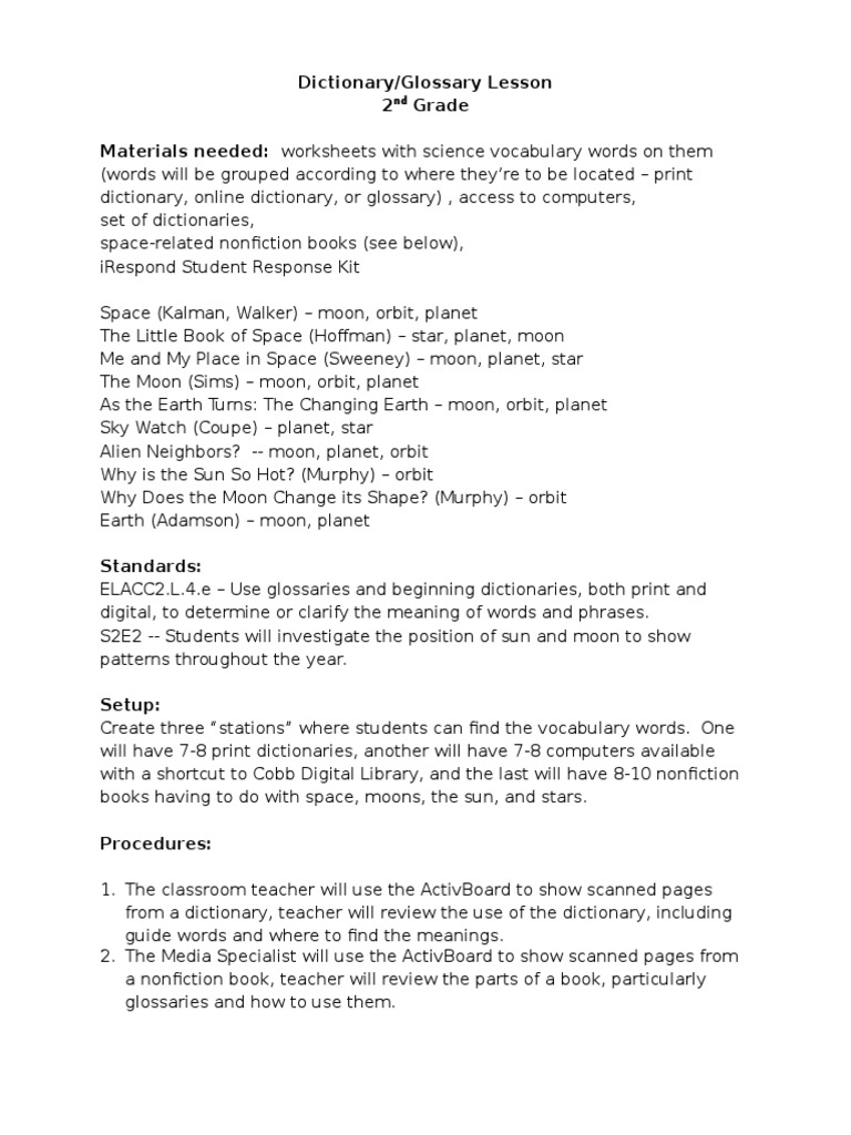 2nd Grade Dictionary and Glossary Lesson | PDF | Planets | Moon